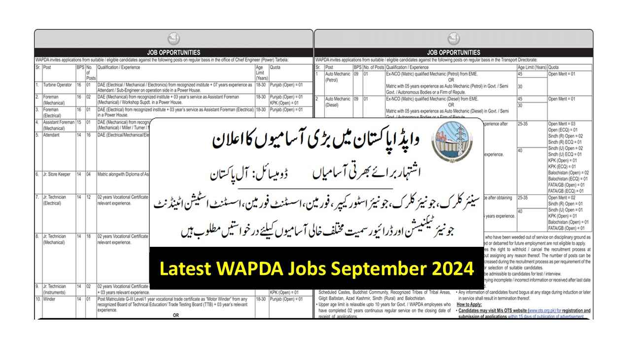 Latest WAPDA Jobs September 2024 For BPS-06 to BPS-16