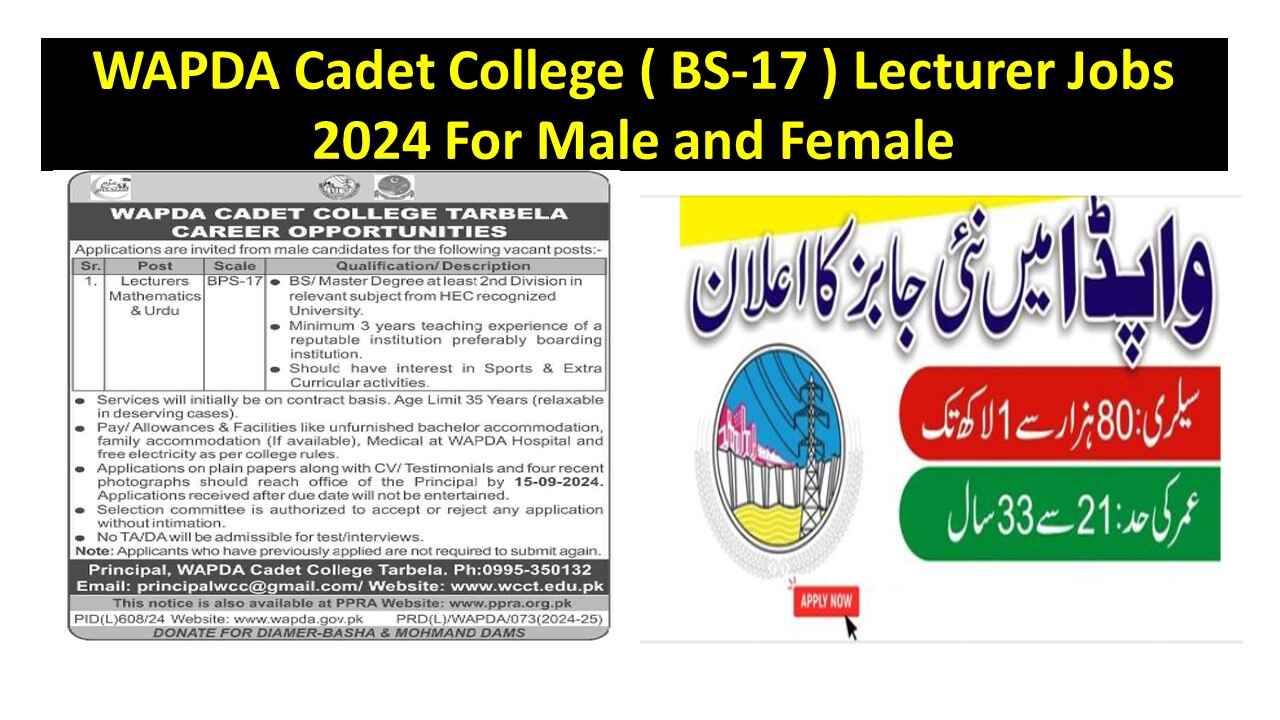 WAPDA Cadet College ( BS-17 ) Lecturer Jobs 2024 Male and Female