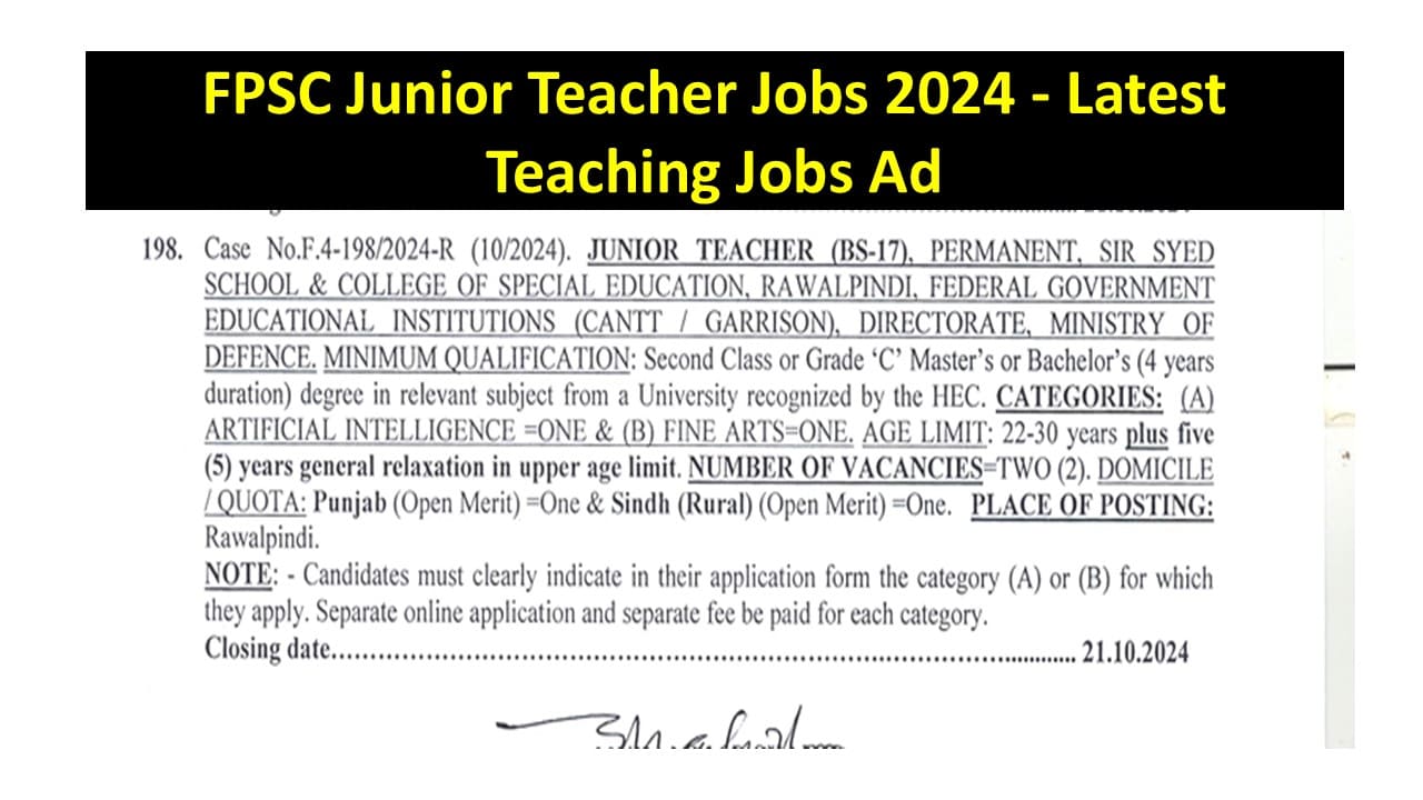 FPSC Junior Teacher Jobs 2024 - Latest Teaching Jobs Ad