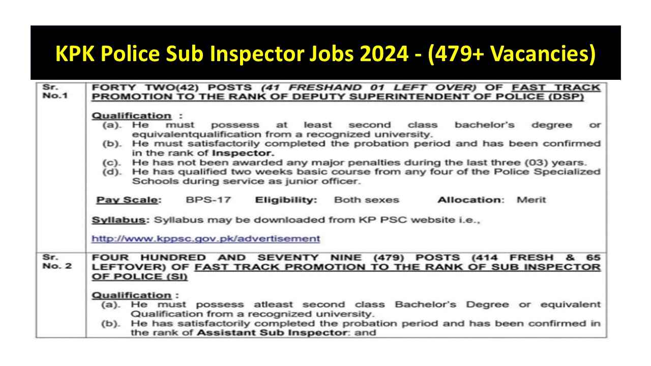 KPK Police Sub Inspector Jobs 2024 - (479+ Vacancies)