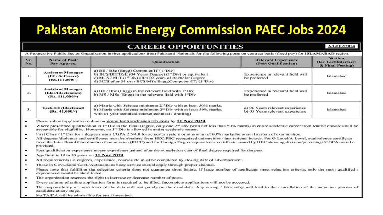 Pakistan Atomic Energy Commission PAEC Jobs 2024 - Online Apply