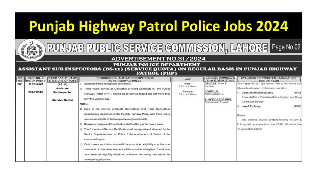 Punjab Highway Patrol Police Jobs 2024 For Assistant Sub Inspector